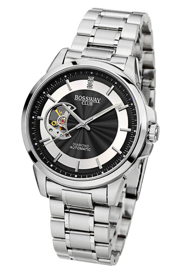 BOSSWAY黑色時尚鏤空真鑽機械錶 - ViVa美好購物網