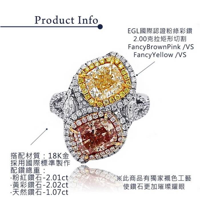 CTJ EGL4克拉18K金粉黃彩鑽戒(EGL雙主石系列) - ViVa美好購物網